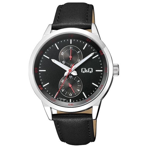 الريان: ساعة كيو اند كيو للرجال A11A-002PY - عرض بعقارب, سوار من الجلد - اسود